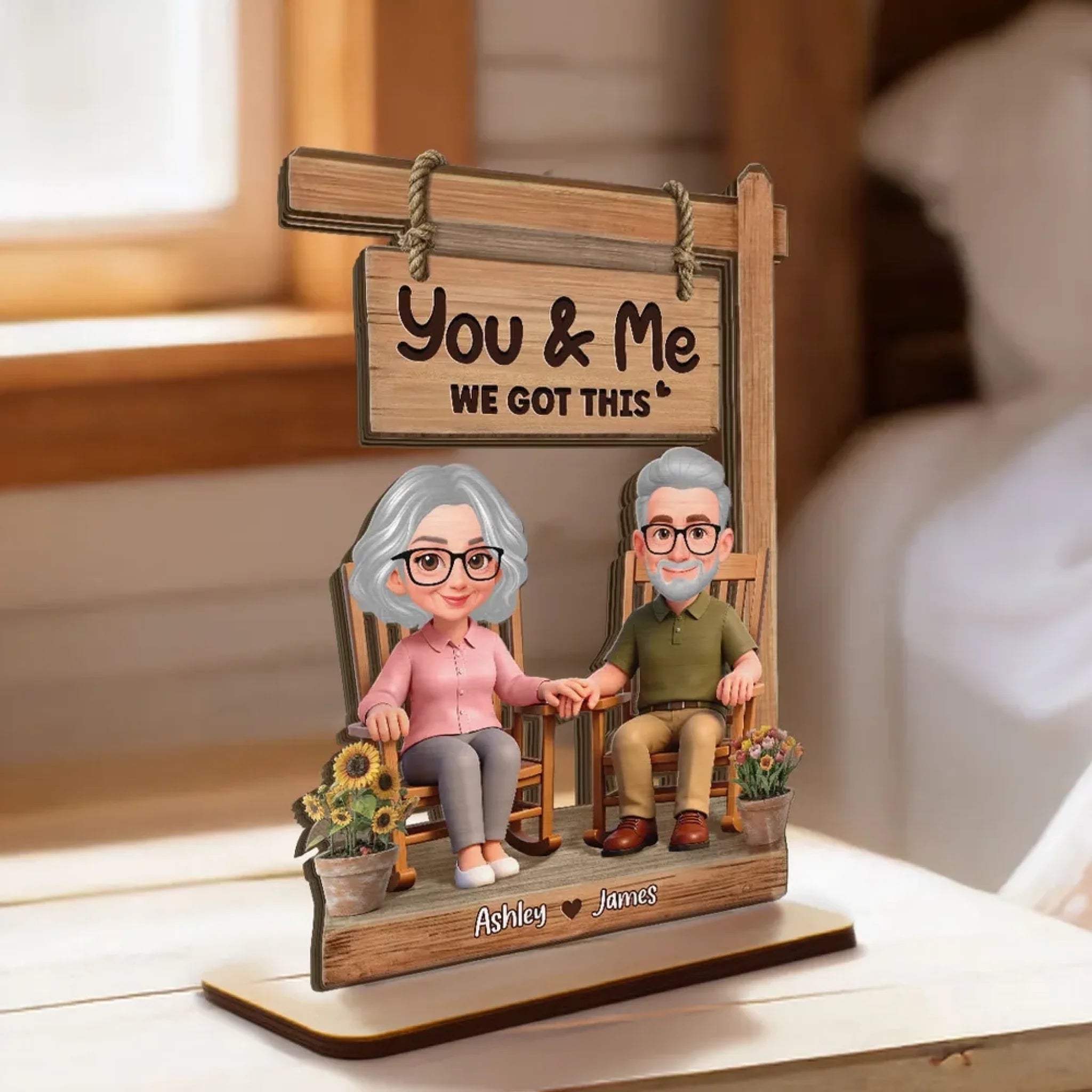 3D Effect Old Couple Sitting On Rocking Chair - Personalized Wooden Pl ...